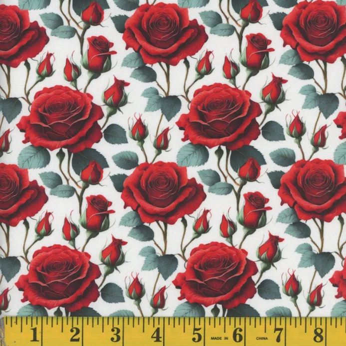 Cotton Rose Red White Roses Flowers Floral On White Fields Fabrics ...